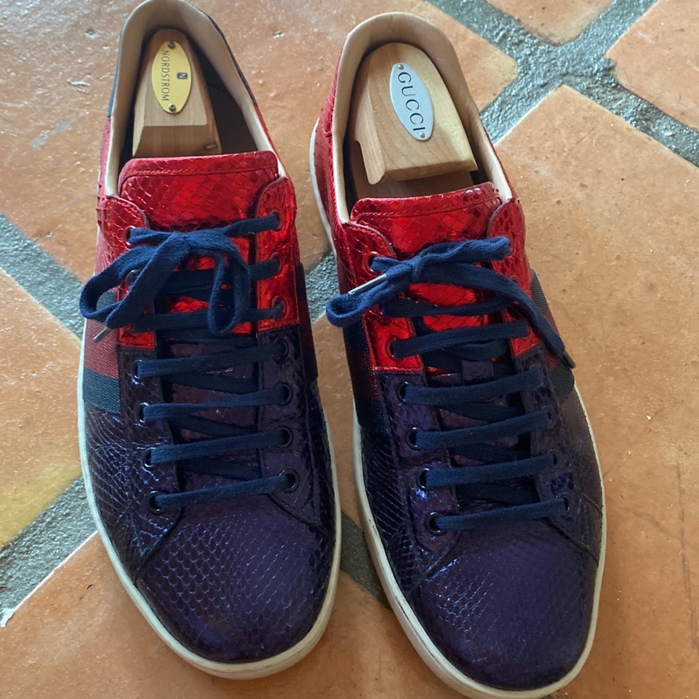 Gucci "Ace" Red Blue Metallic Snakeskin Sneakers In A… - Gem